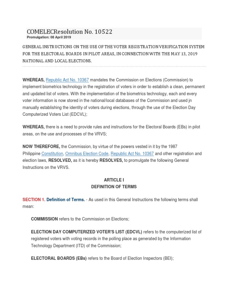 COMELEC Resolution No. 10522 | PDF