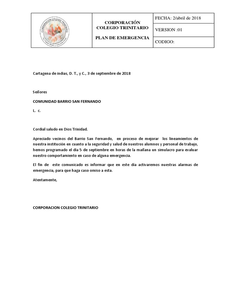 Simulacro de Sismo en Colegio Trinitario | PDF