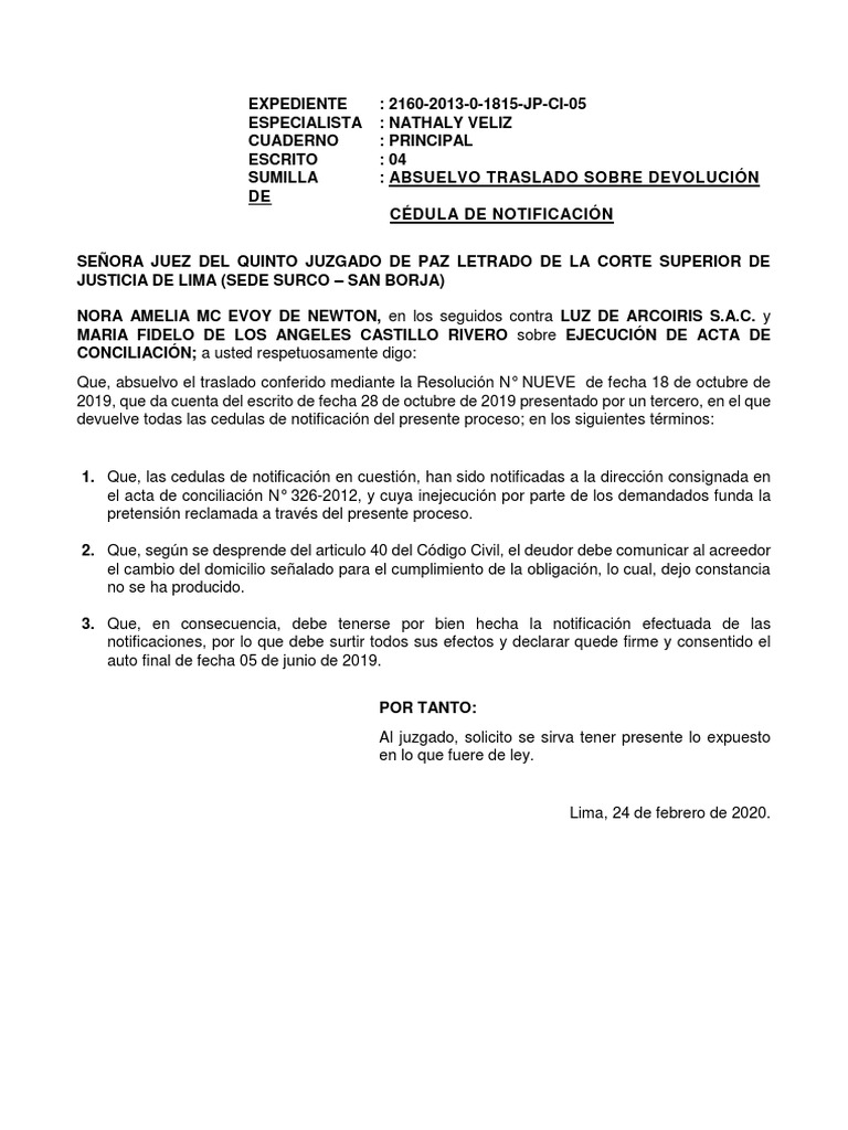 Escrito Absolviendo Devolucion de Cedula | PDF