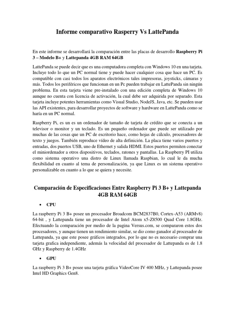 Comparativa: Raspberry Pi vs LattePanda | PDF
