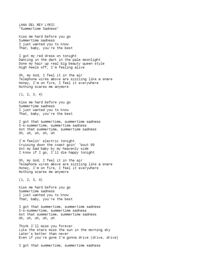 Lana Del Rey Summertime Sadness Lyrics