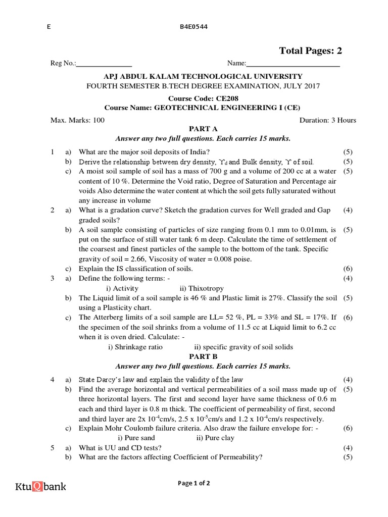 2 Geotechnical Engineering CE S4 B.Tech KTU 2017 PDF | PDF | Soil | Natural Materials