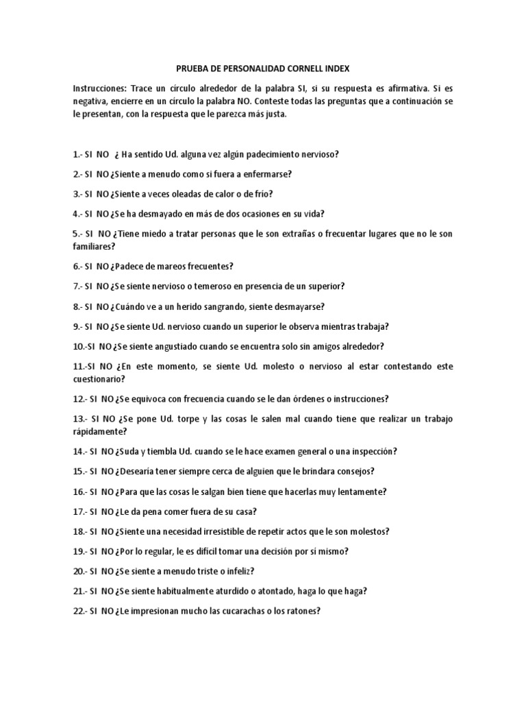 Prueba de Personalidad Cornell Index | PDF | Ira | Medicina