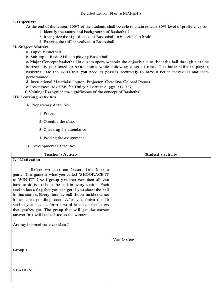 BASKETBALL Detailed Lesson Plan | PDF | Sports Rules And Regulations ...