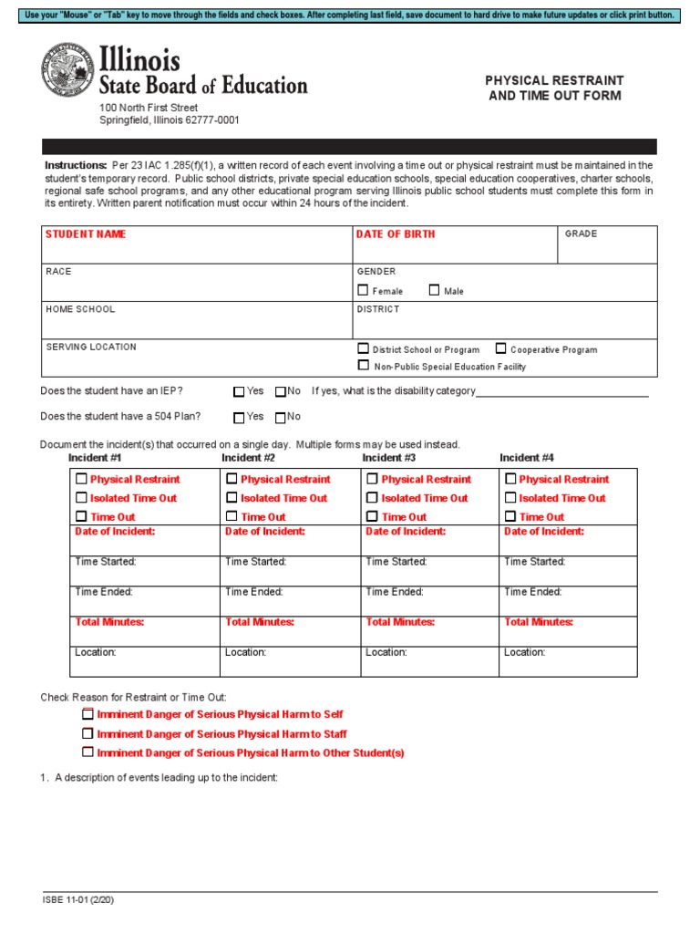 11 01 Physical Restraint Time Out Form | PDF | Individualized Education ...