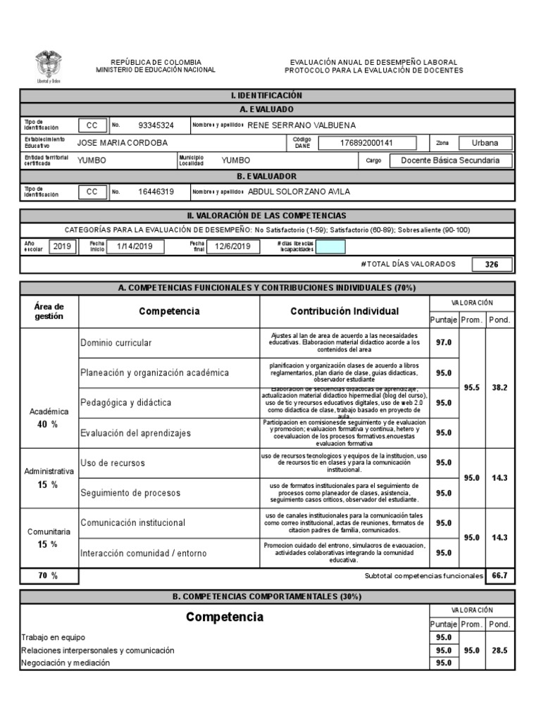 PROTOCOLO Eval - Desempeno Docente 2019 | PDF | Evaluación | Maestros