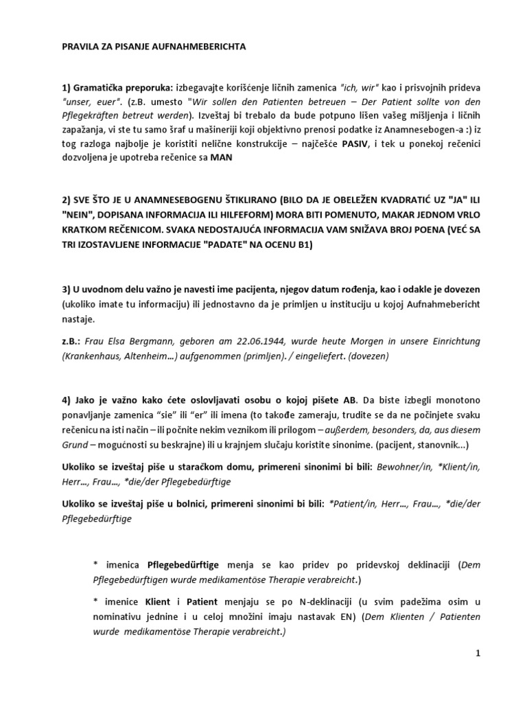 Pravila Za Pisanje Aufnahmeberichta