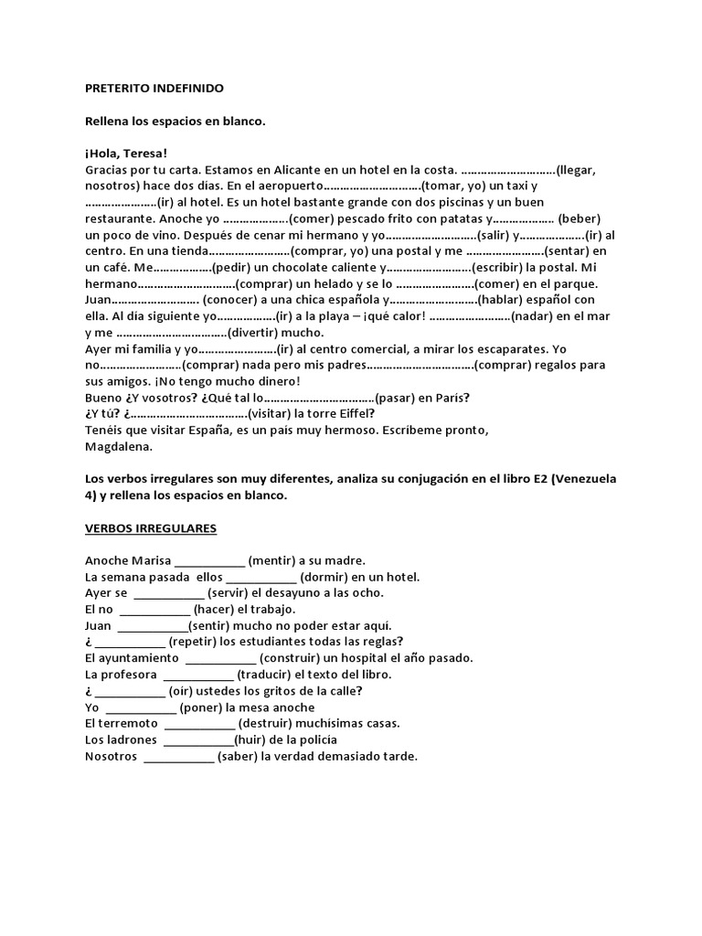 PRETERITO INDEFINIDO. Ejercicios | PDF