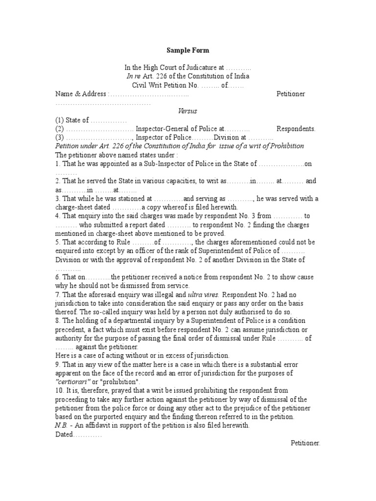 Writ Sample | Download Free PDF | Writ | Public Sphere