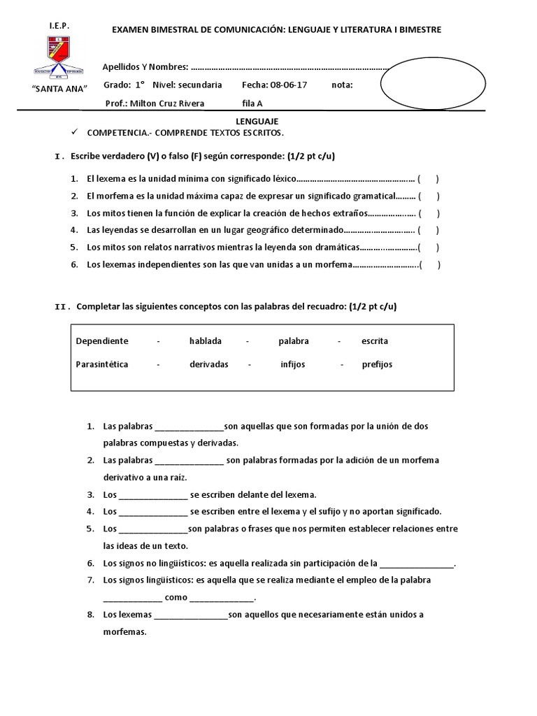 Examen Bimestral de Comunicacion y Literatura 1ro | PDF | Lingüística | Té