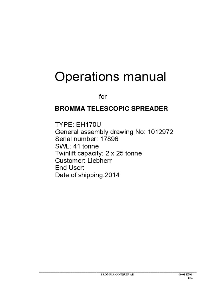 Operations Manual For BROMMA Telescopic Spreader Type EH170U | PDF