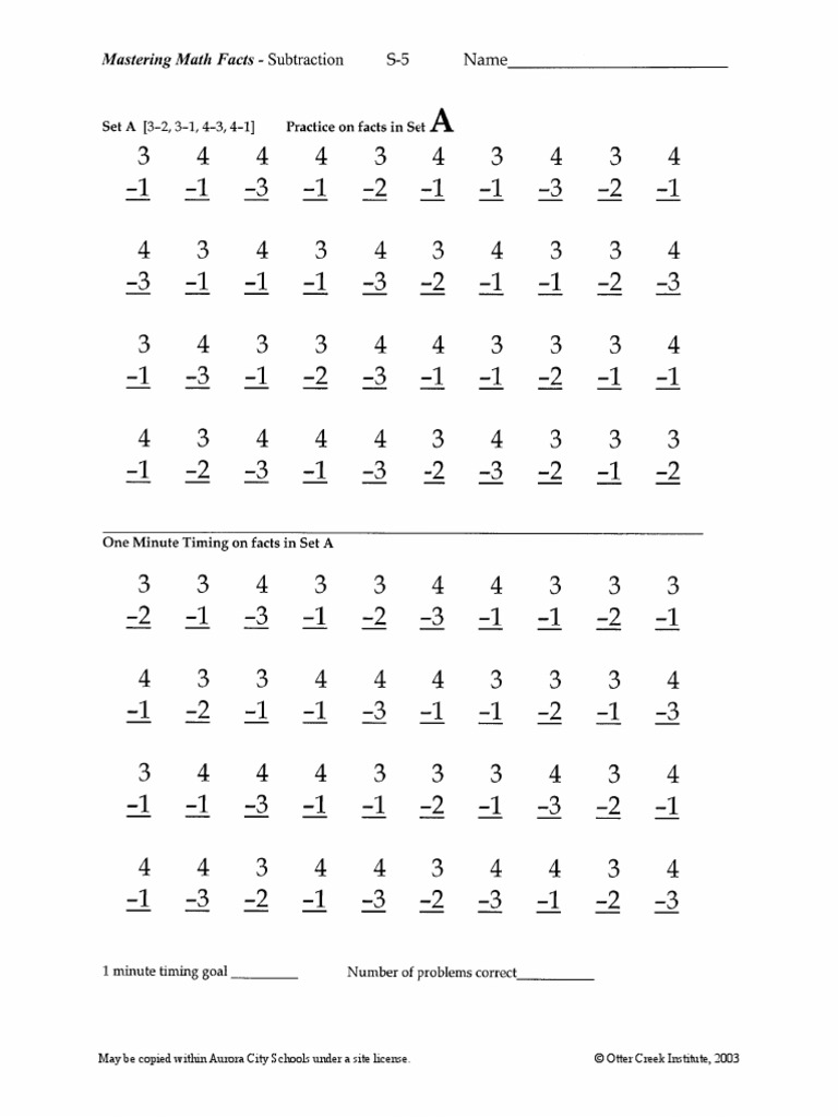 Subtraction Rocketmath a-Z