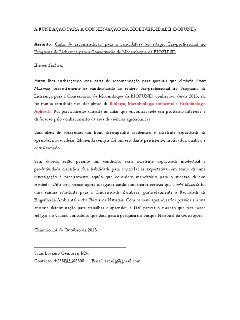 Carta de Recomendação para Estágio BIOFUND | PDF