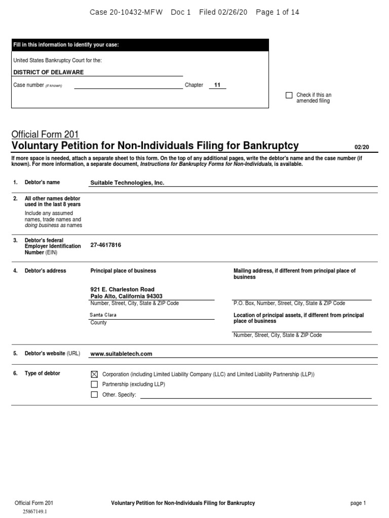 Bankruptcy Petition for Suitable Technologies | PDF