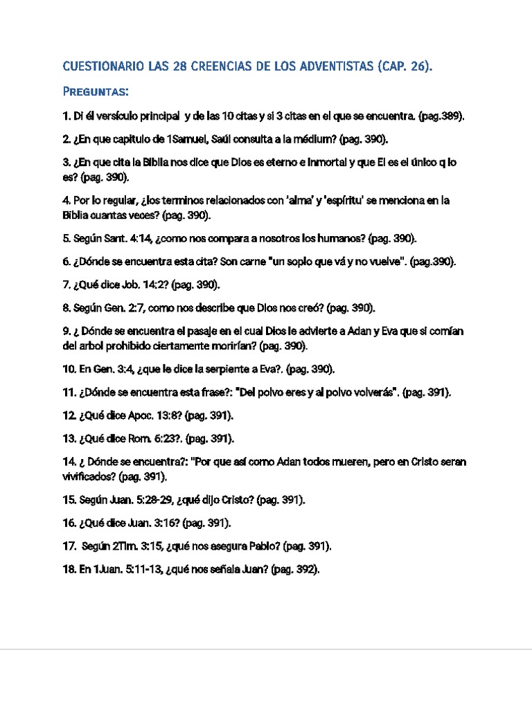 Cuestionario Las 28 Creencias de Los Adventistas (Cap 26) . | PDF | La resurrección de Jesús ...