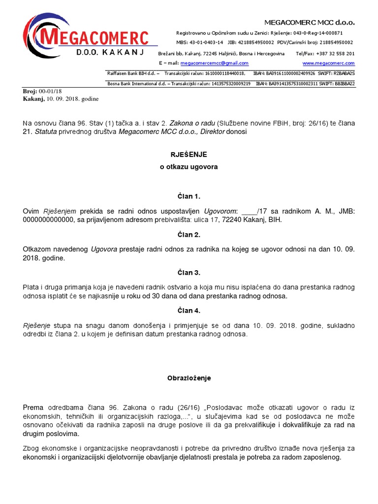 Rješenje o Otkazu Ugovora | PDF