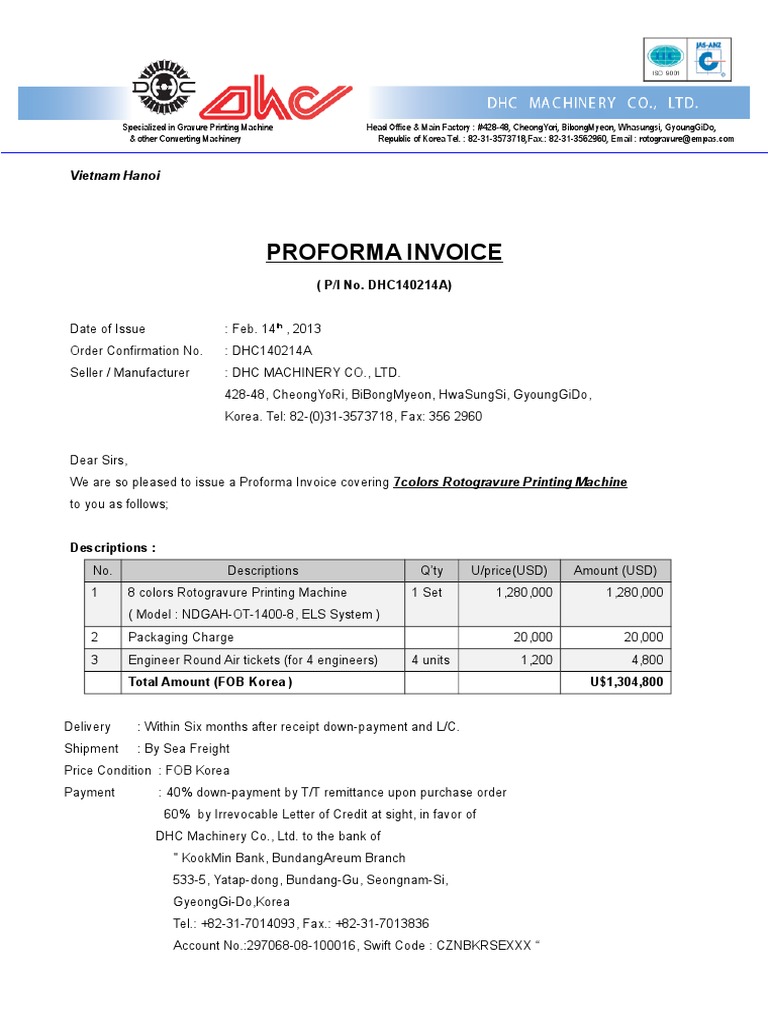 Proforma Invoice For 8 Colors Printing Machine | PDF | Factory ...