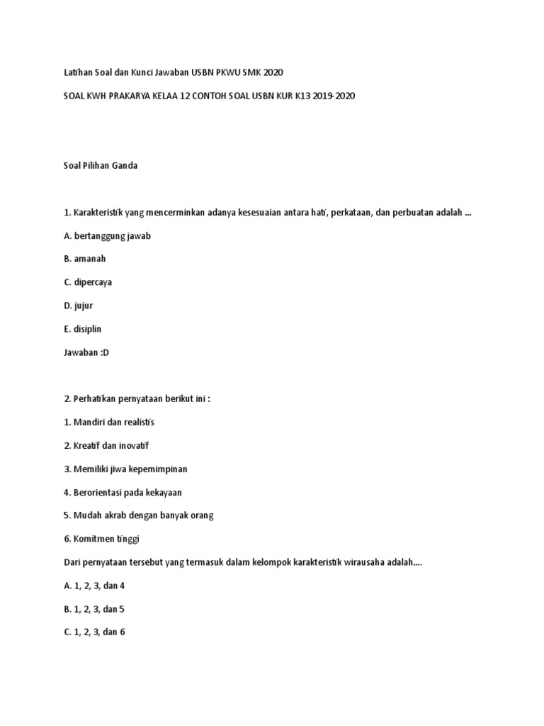 Latihan Soal Dan Kunci Jawaban USBN PKWU SMK 2020 | PDF