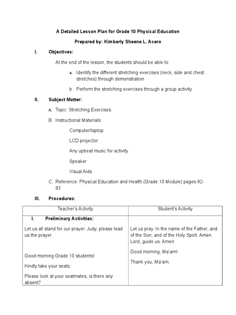 Grade 10 PE Lesson Plan: Stretching Exercises | PDF | Physical ...