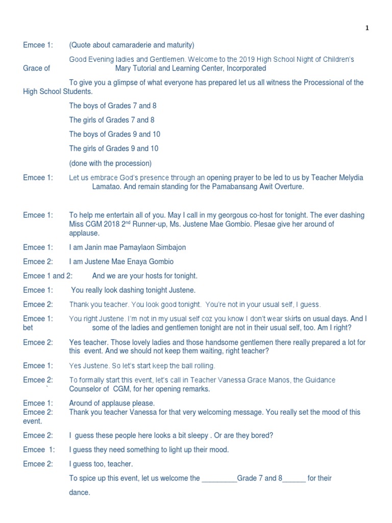 Emcee Script HS Night | PDF