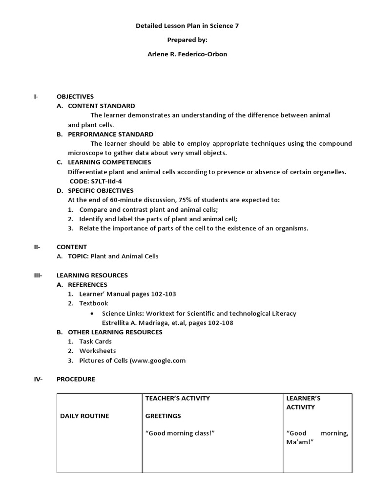 Detailed Lesson Plan in Science 7 | PDF | Endoplasmic Reticulum ...