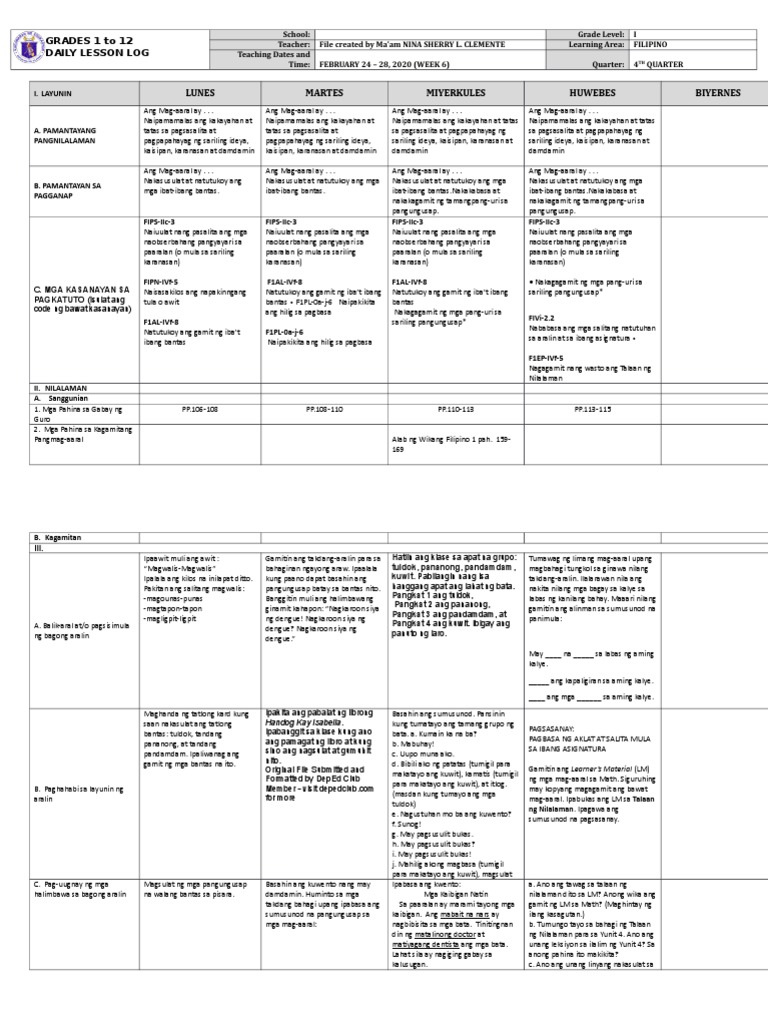 DLL - Filipino 1 - Q4 - W6 | PDF