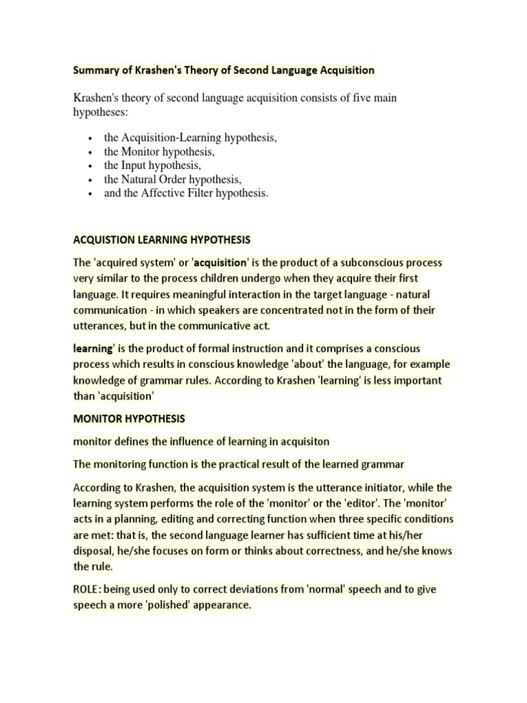 Summary of Krashen | PDF | Second Language | Second Language Acquisition