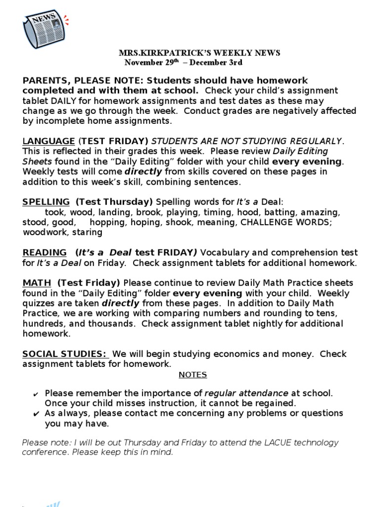 Weekly Homework and Test Updates | PDF | Homework | Reading (Process)
