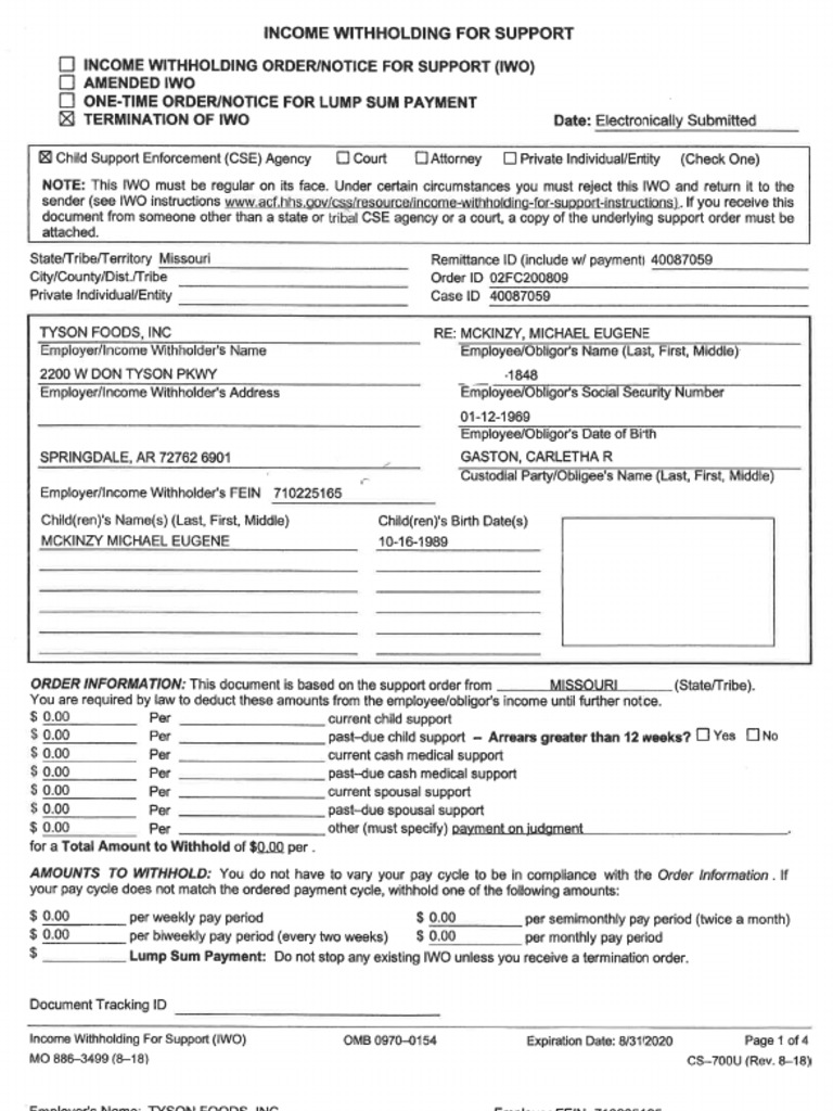 Missouri Child Support Termination of Income Withholding Order in ...