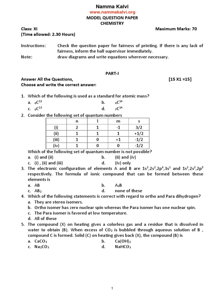 11th Chemistry Model Question Paper 2024 | PDF | Ion | Mole (Unit)