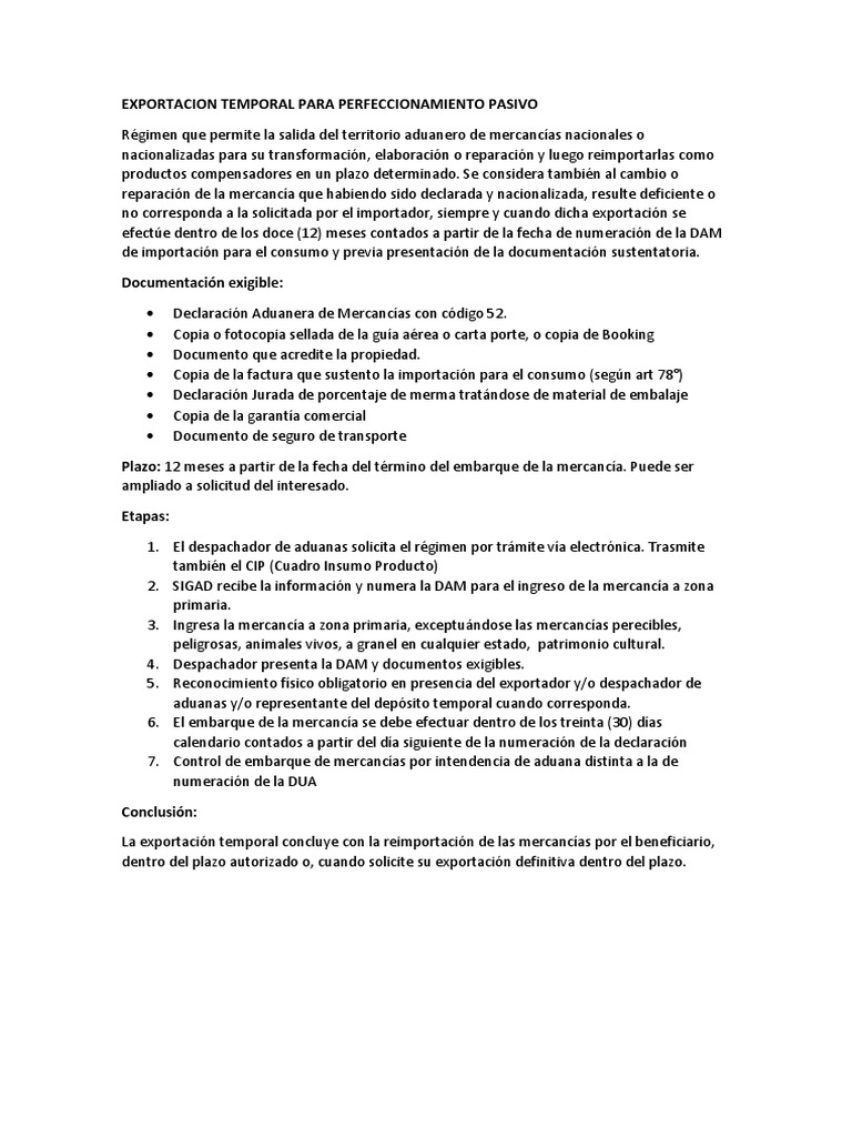 Exportacion Temporal para Perfeccionamiento Pasivo | PDF | aduana ...