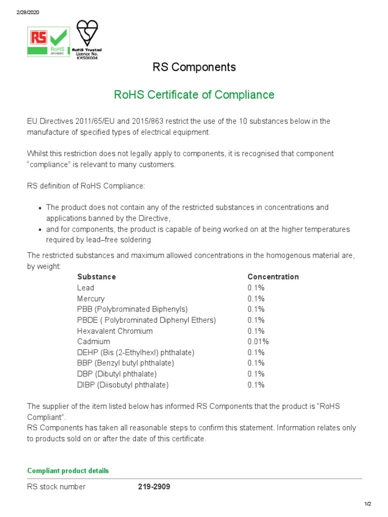 RoHS Certificate | PDF | Environmental Chemistry | Occupational Safety ...