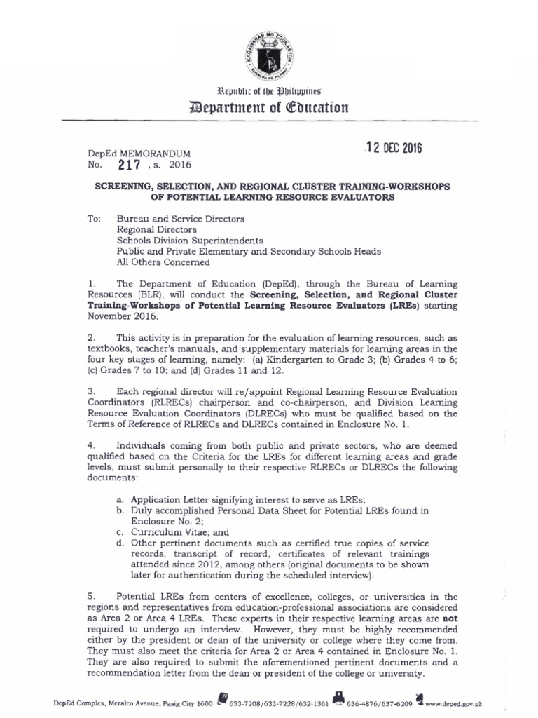 DepED Memorandum No. 217 s.2016 | PDF