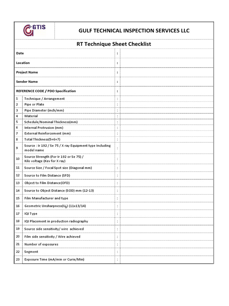 RT Technique Sheet Checklist | PDF