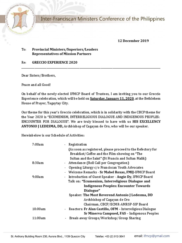 Invite Letter For IFMCP 2020GRECCIO | PDF | Christian Behaviour And ...