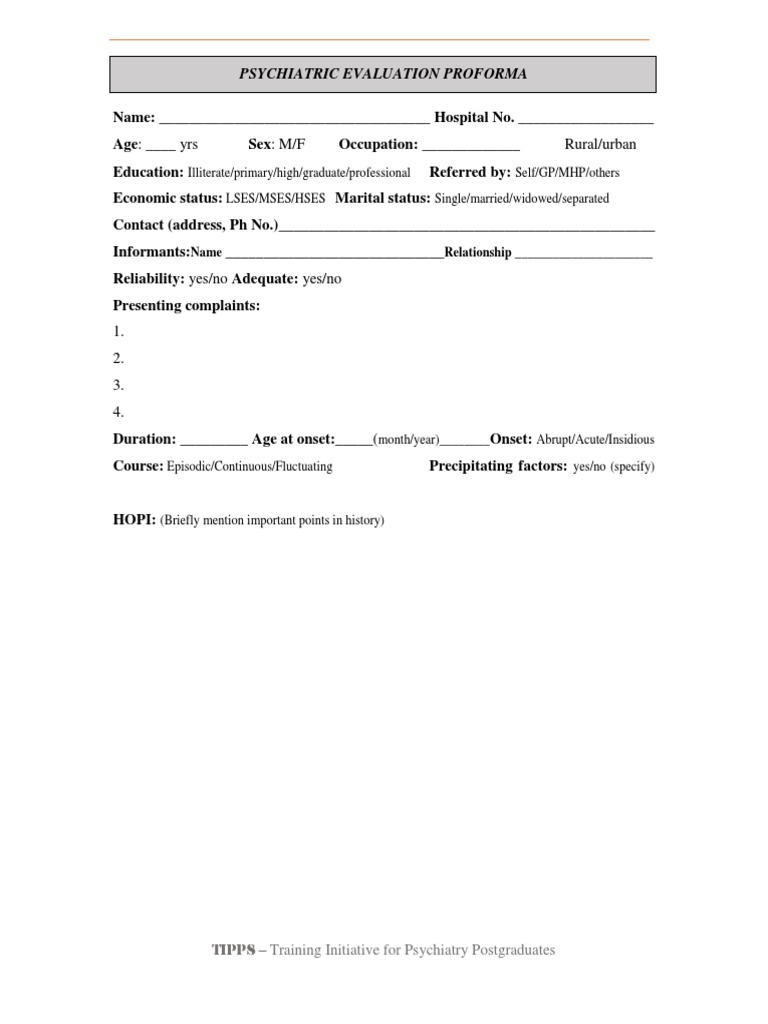 TIPPS Psychiatric Evaluation Proforma | PDF | Psychosis | Somatosensory System
