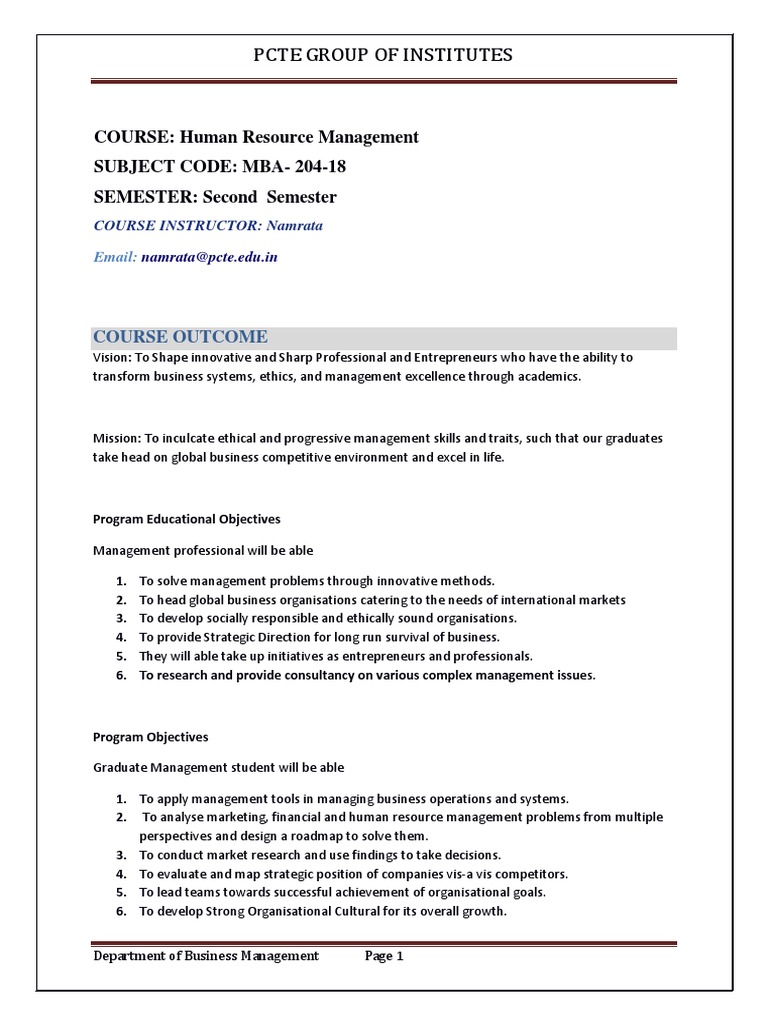 Human Resource Management Course Outline for PCTE Group of Institutes ...