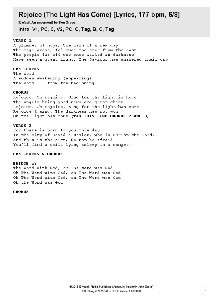 Rejoice-The-Light-Has-Come Lyrics | PDF