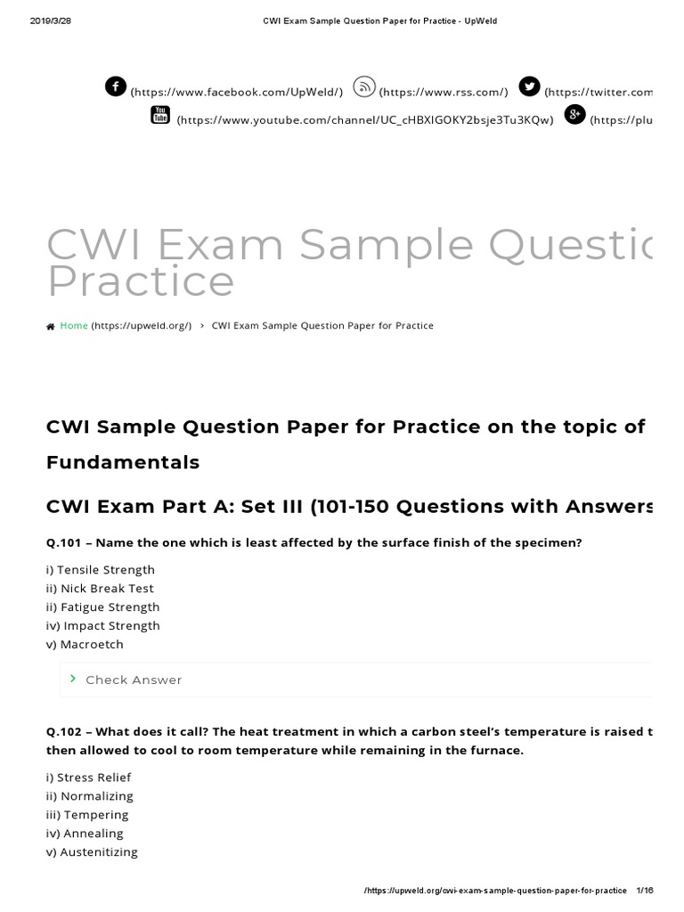 CWI Exam Sample Question Paper For Practice UpWeld PDF | PDF | Welding ...