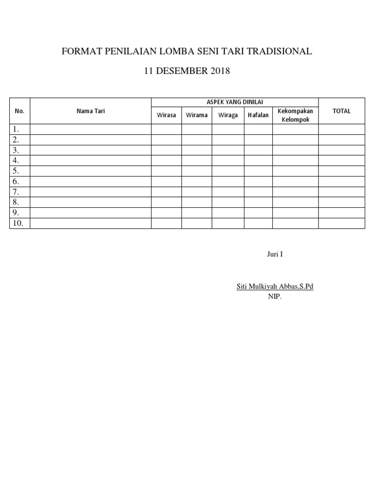 Format Penilaian Lomba Seni Tari Tradisional | PDF