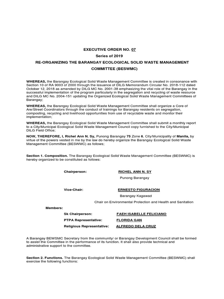 Executive Order No 7 | PDF | Municipal Solid Waste | Waste Management