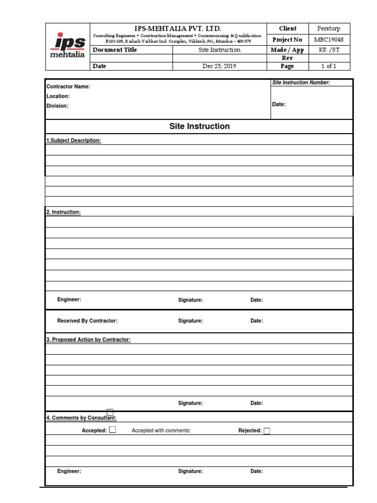 Site Instruction Template for Construction | PDF