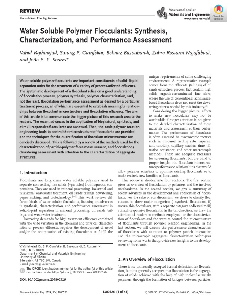Water Soluble Polymer Flocculants Synthesis, PDF | PDF | Adsorption | Polymers