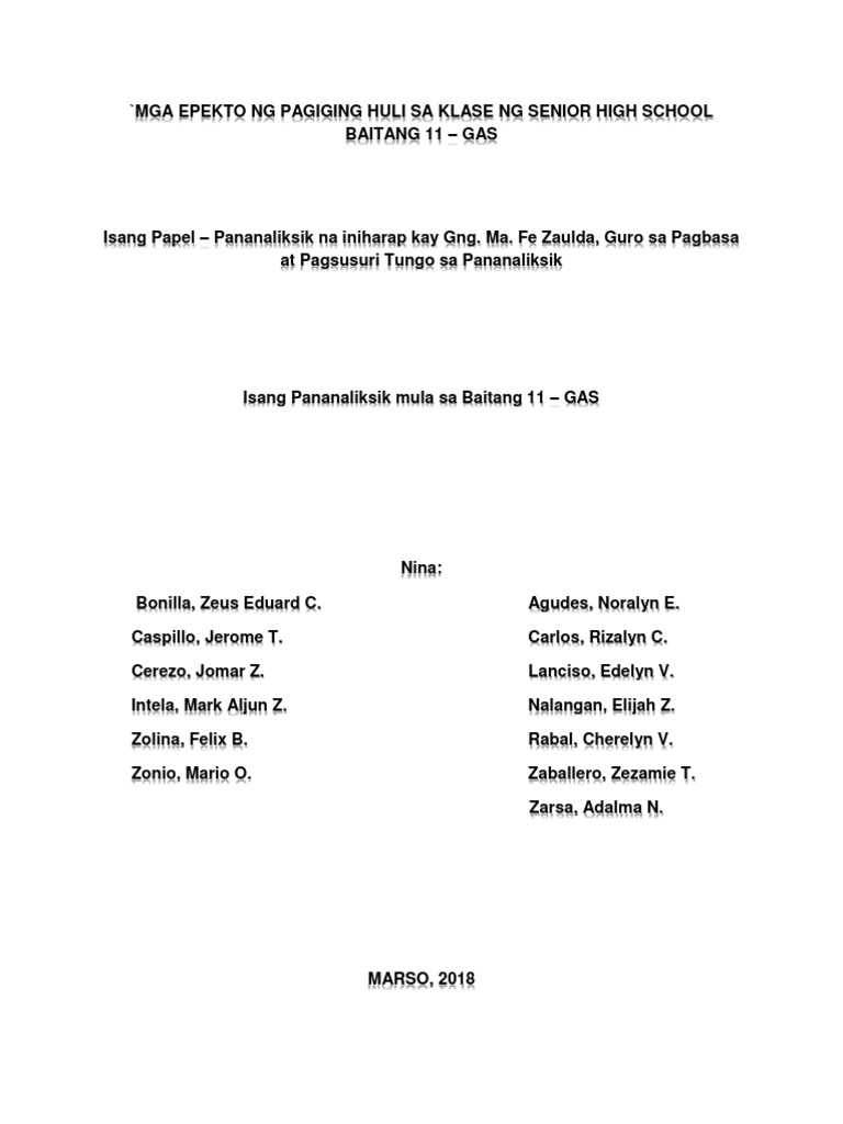 Mga Epekto NG Pagiging Huli Sa Klase NG Senior High School Baitang 11 | PDF