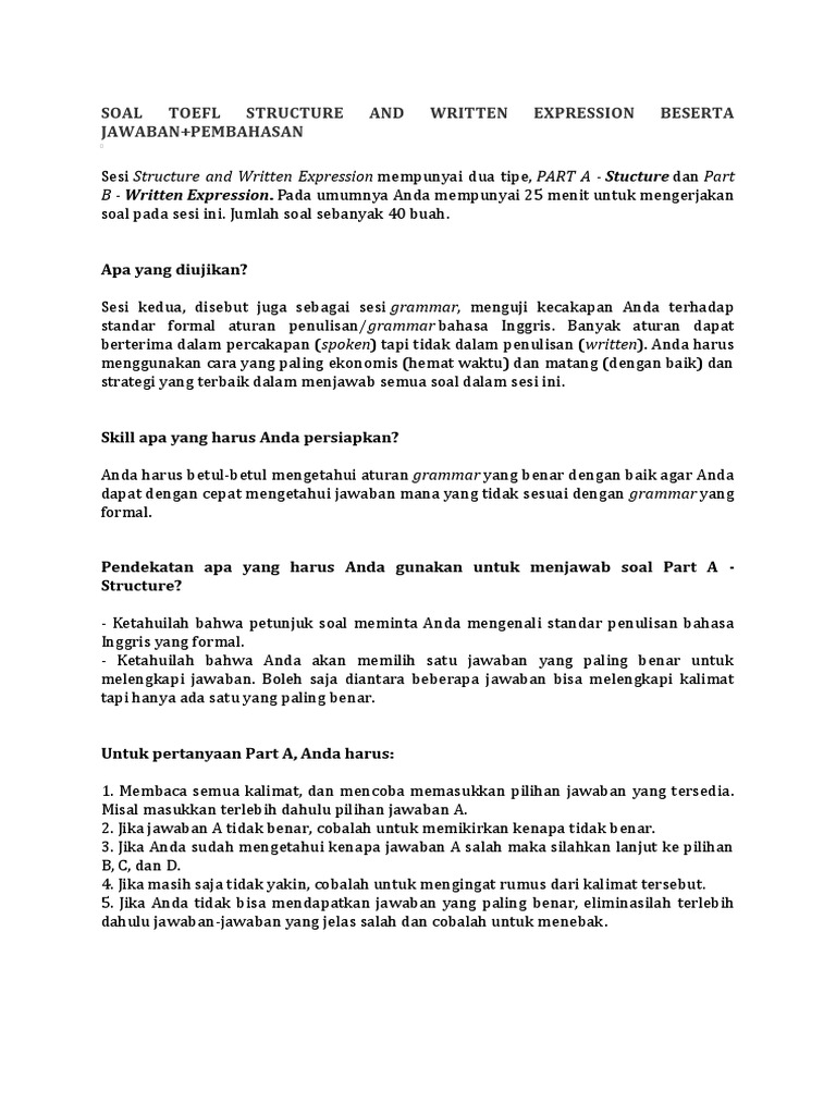 Soal TOEFL Structure and Written Expression Beserta Jawaban | PDF