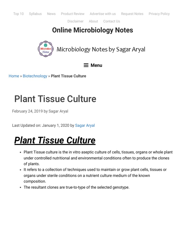 Plant Tissue Culture - Biotechnology - Online Microbiology Notes | PDF