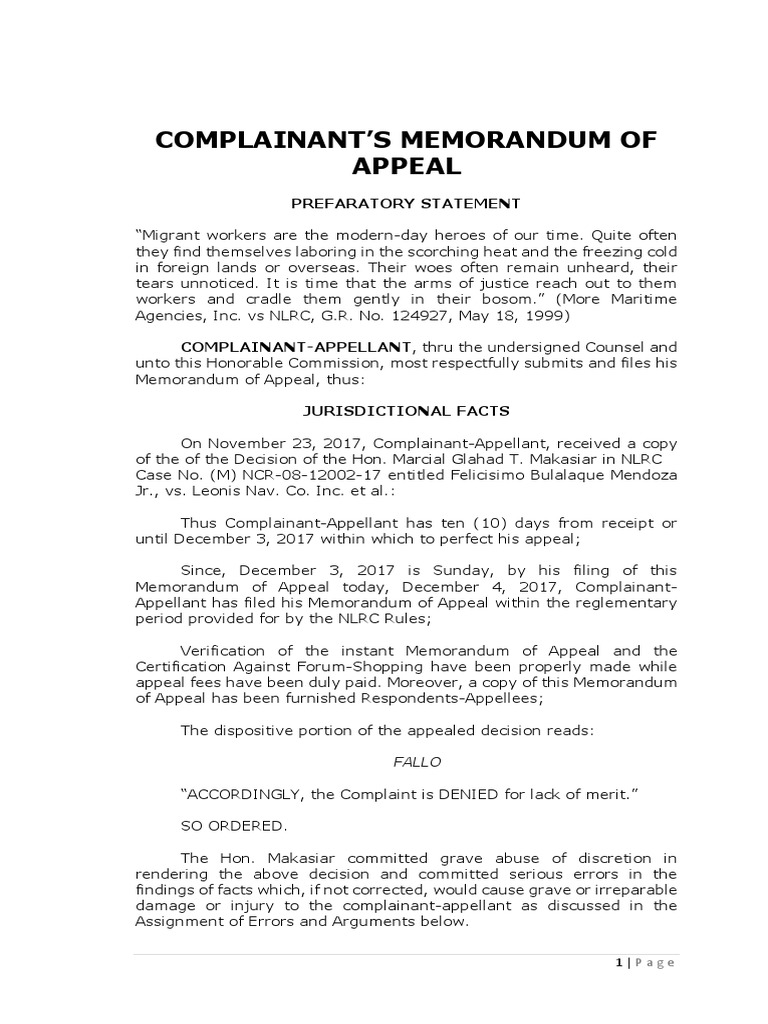 Memorandum of Appeal-NLRC | PDF