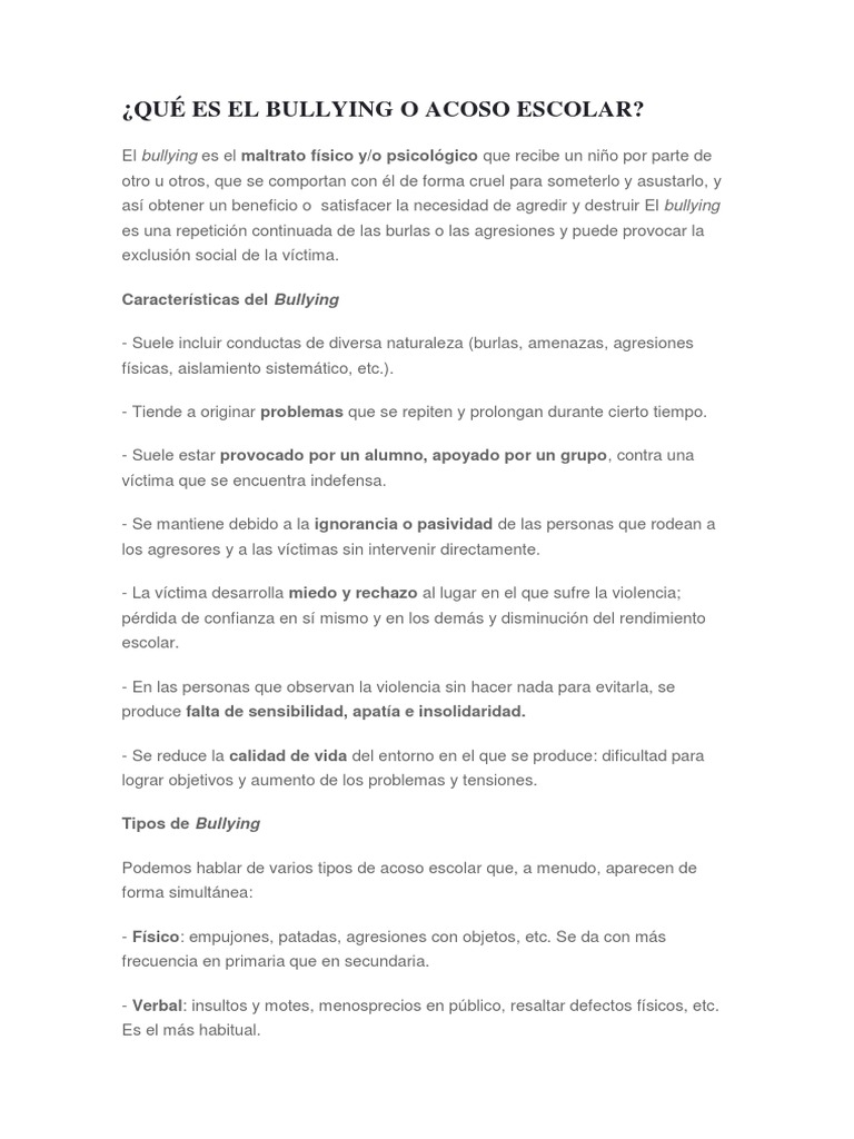 Qué Es El Bullying o Acoso Escolar | PDF