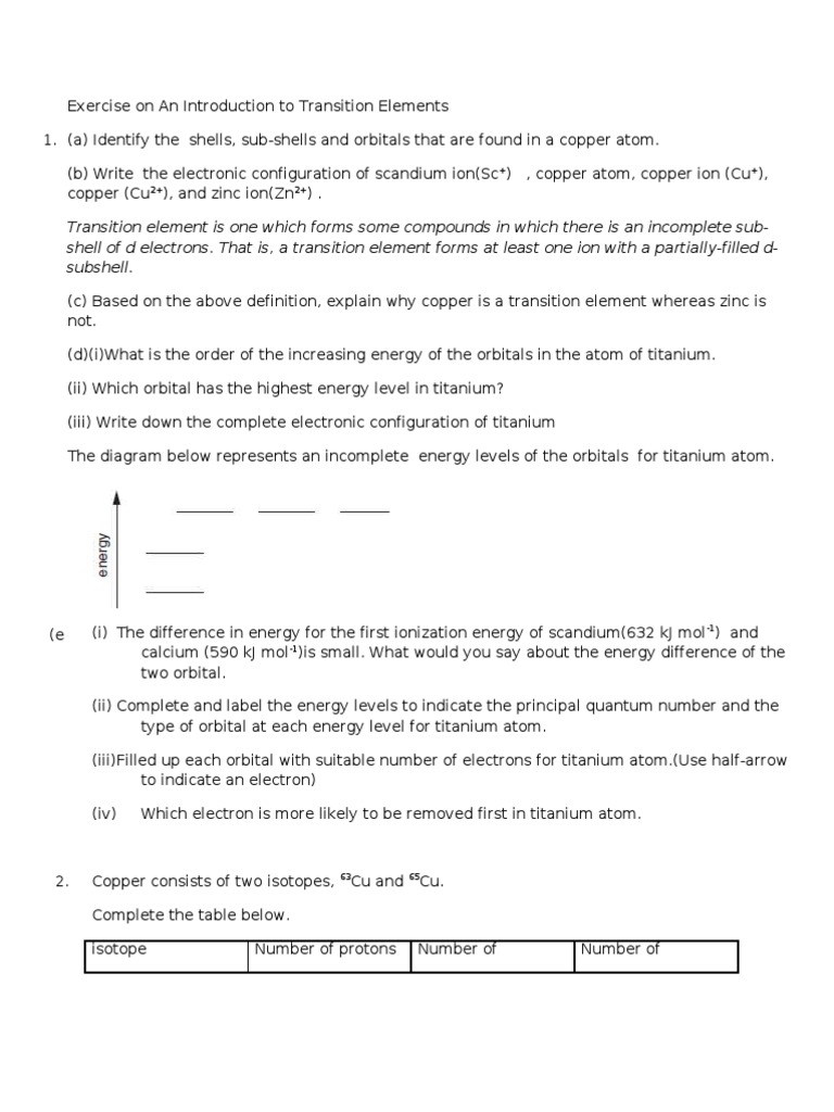 Questions On Transition Metals Pdf Transition Metals Atomic Orbital