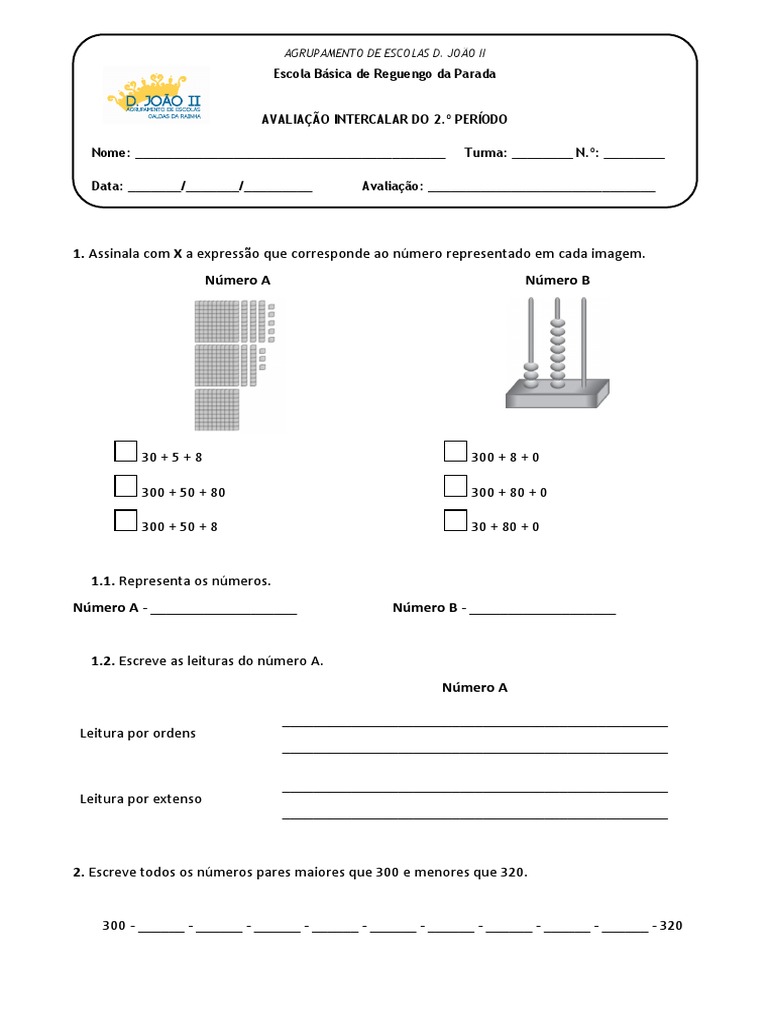 Avaliação Intercalar Mat 2.º Ano - 2º Período | PDF